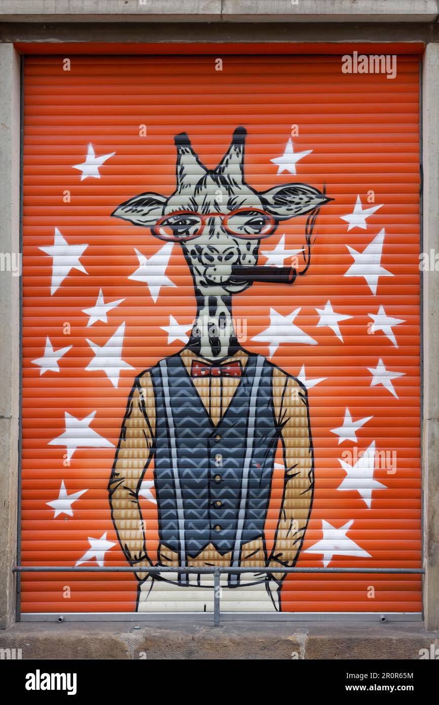 Graffiti, human giraffe smoking cigar, figure painted on roller shutter ...