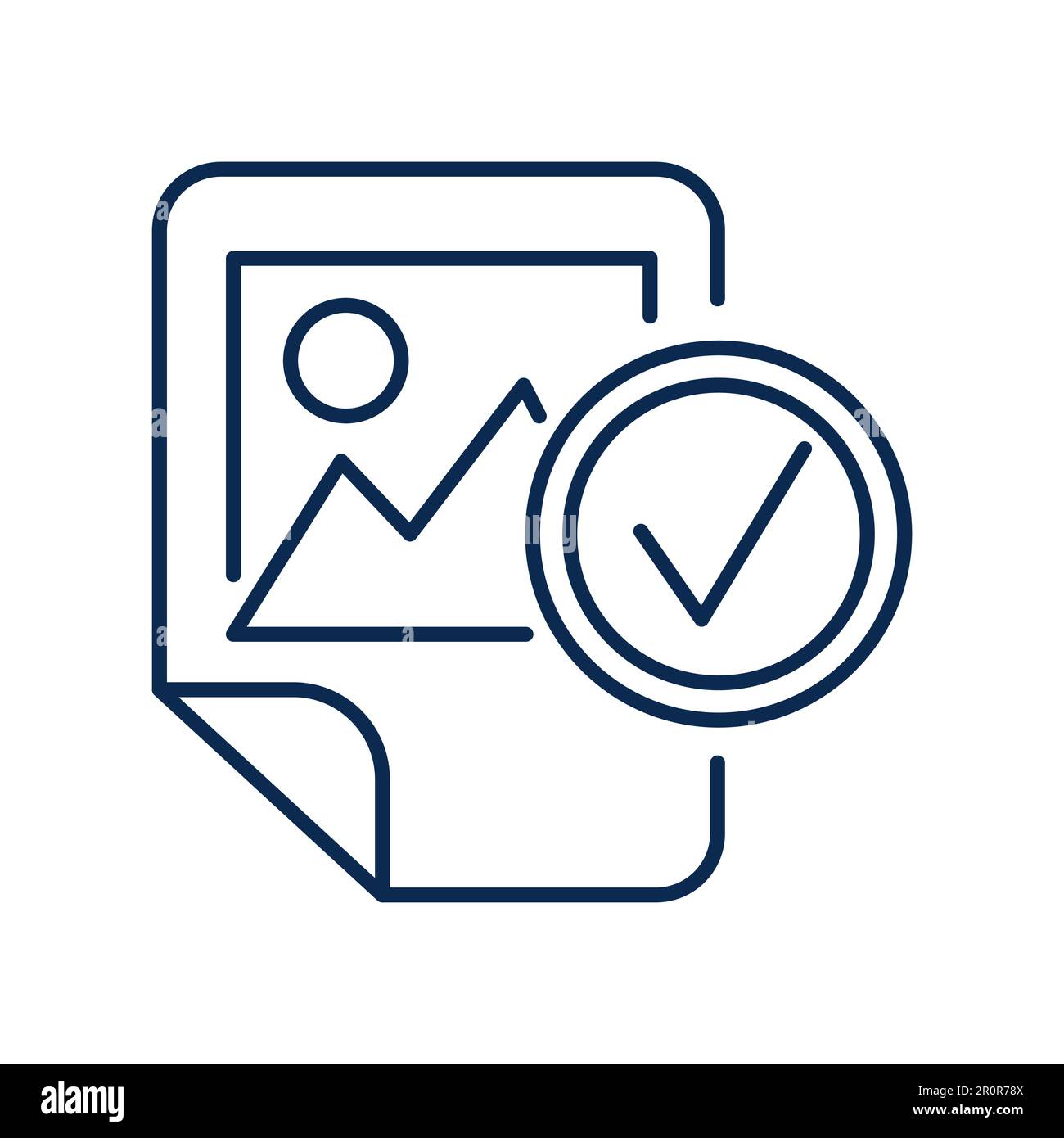 Image file checking blue monochrome linear icon. Picture with tick mark ...