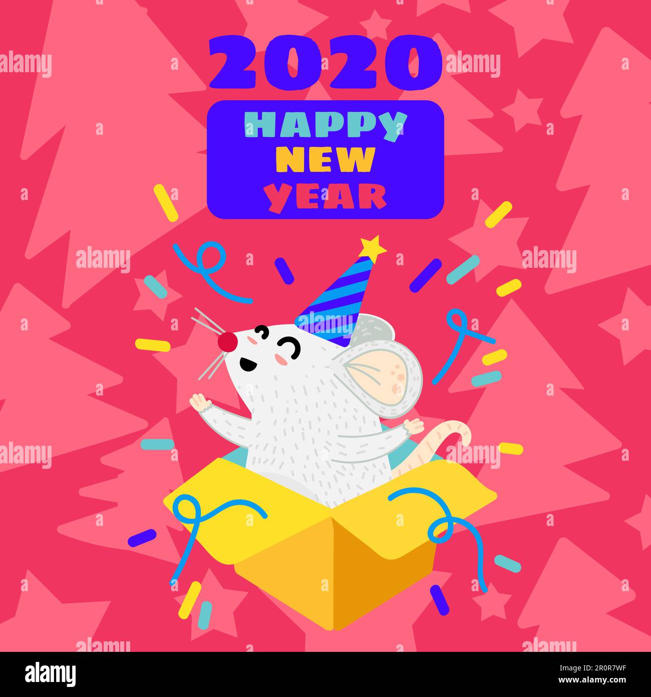 Funny mouse flat greeting card template. Xmas rat in gift box postcard ...