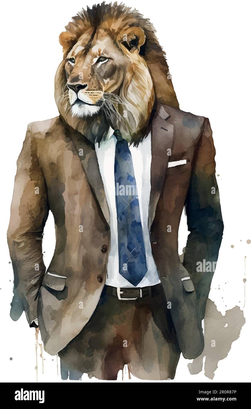 Trendy cartoon poster with lion fashion suit watercolor white ...