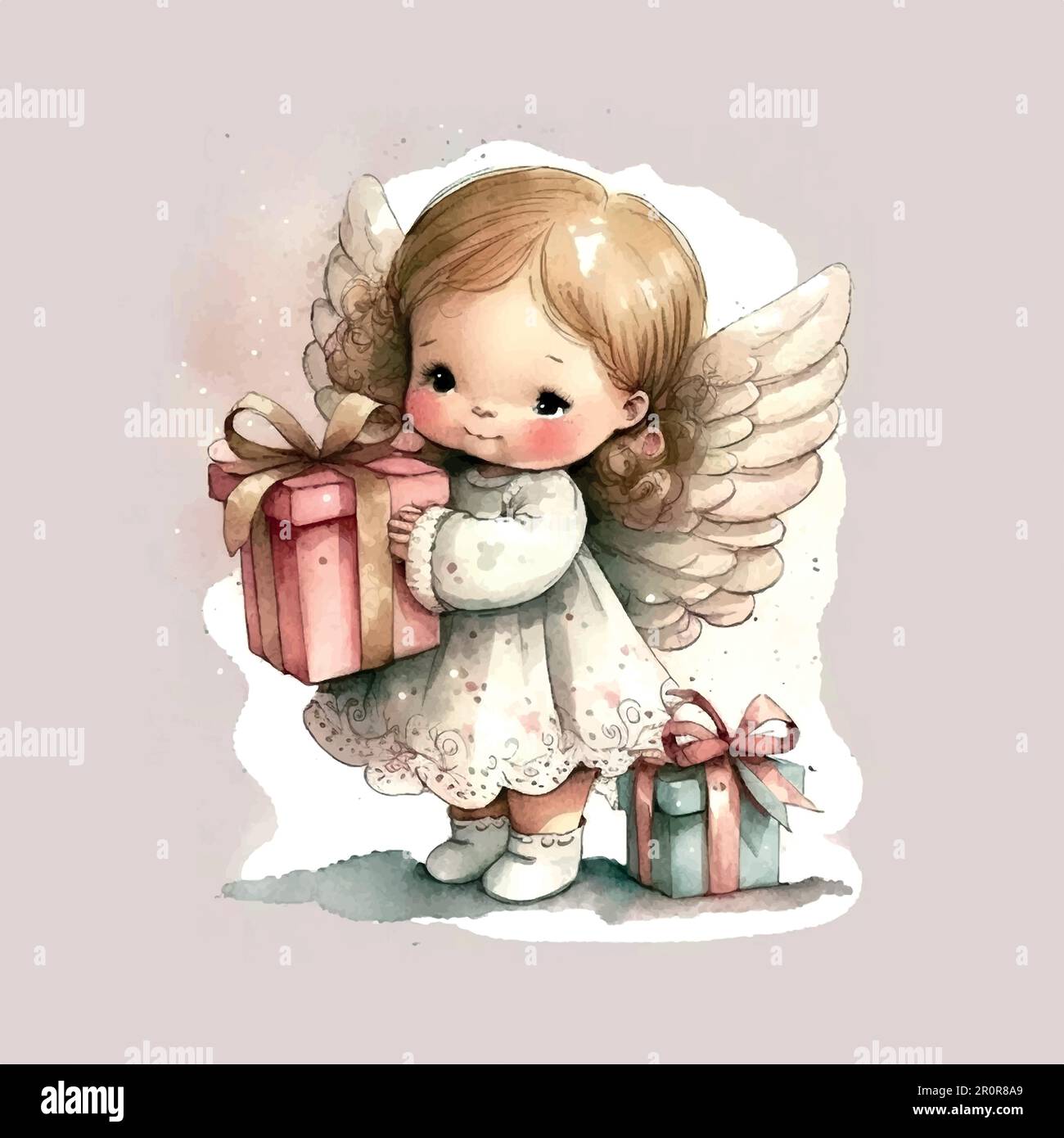 Angel with gift watercolor. Isolated vector illustration. Holiday ...