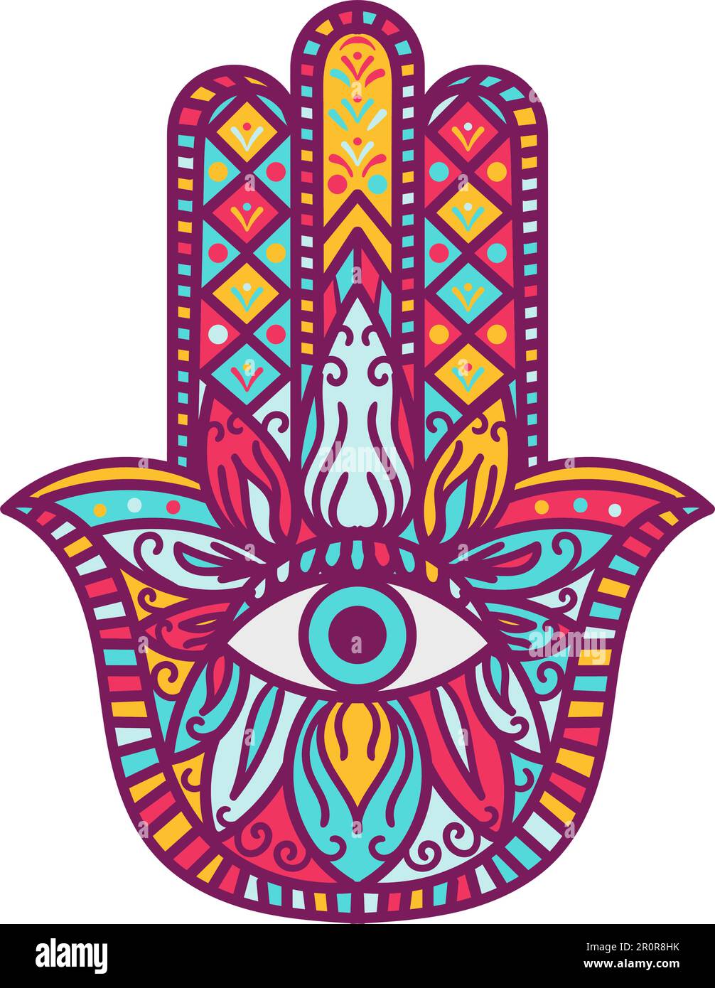 Hamsa, fatima hand illustration. Symmetric palm with eye drawings ...