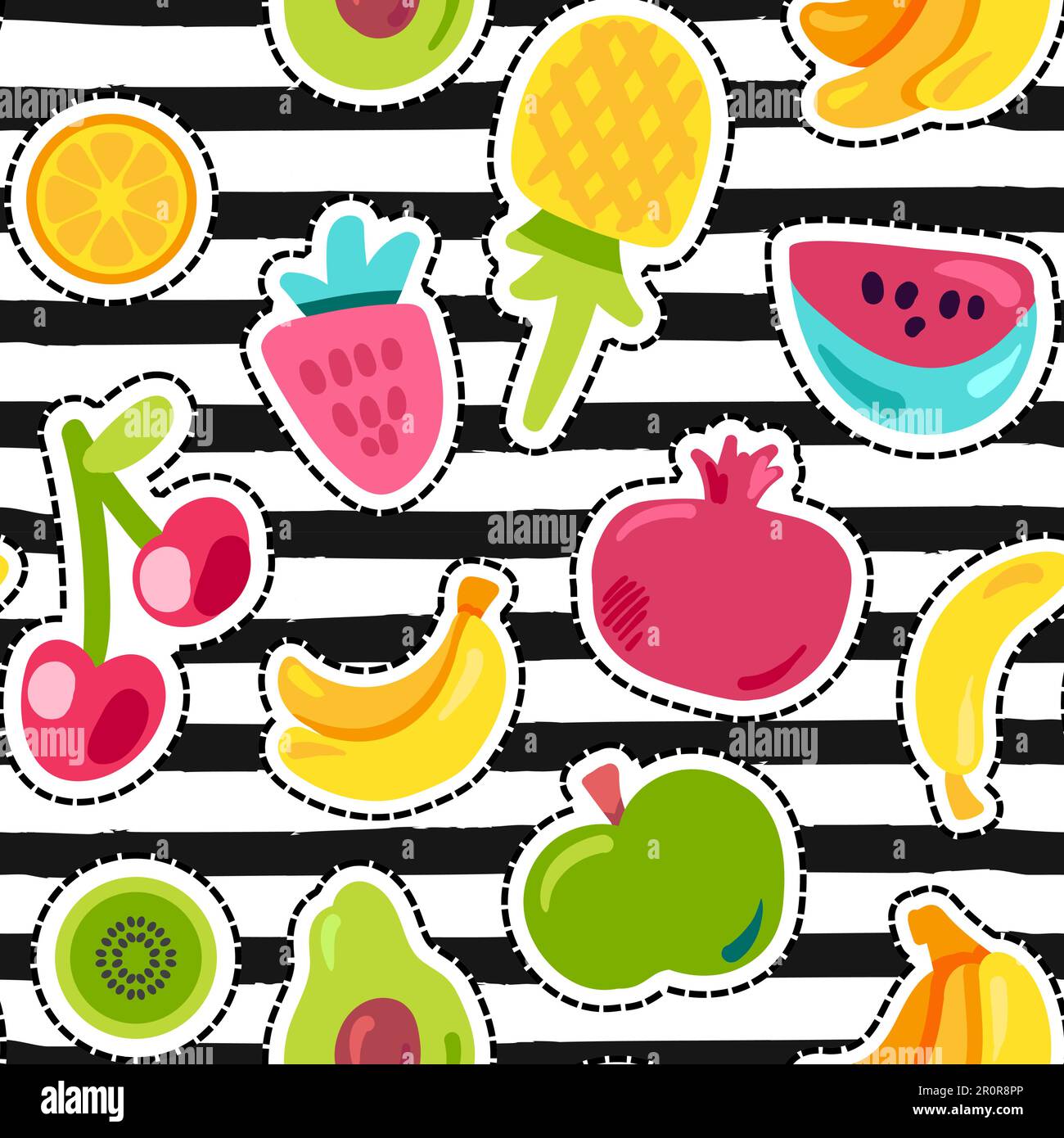 Exotic fruits on stripes seamless pattern. Summer fruit, cherry on ...