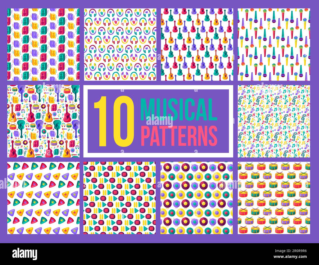 Musical instruments seamless pattern set. Guitar, mic, headphones flat ...