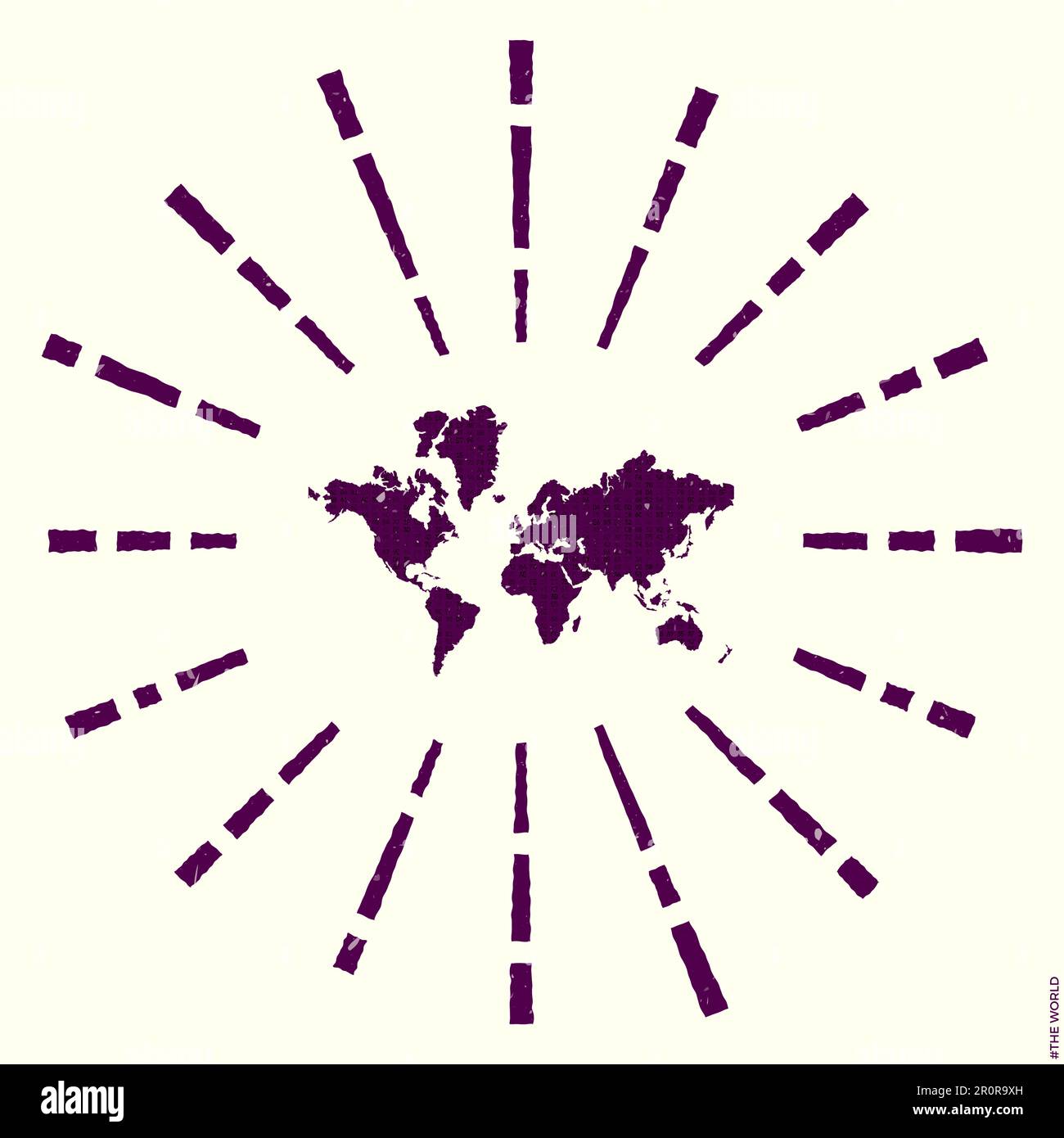 The World Logo. Grunge sunburst poster with map of the world. Shape of ...