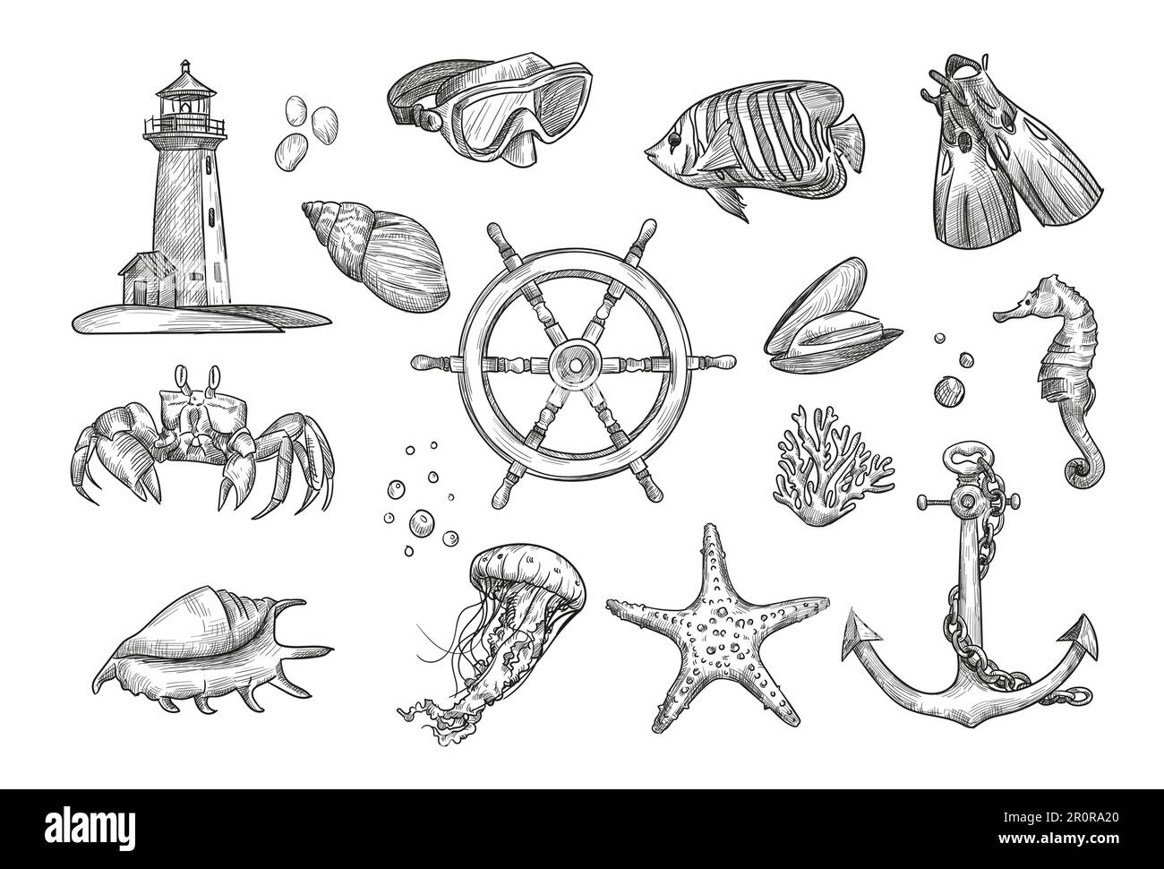 Hand drawing nautical elements vector illustration collection Stock ...