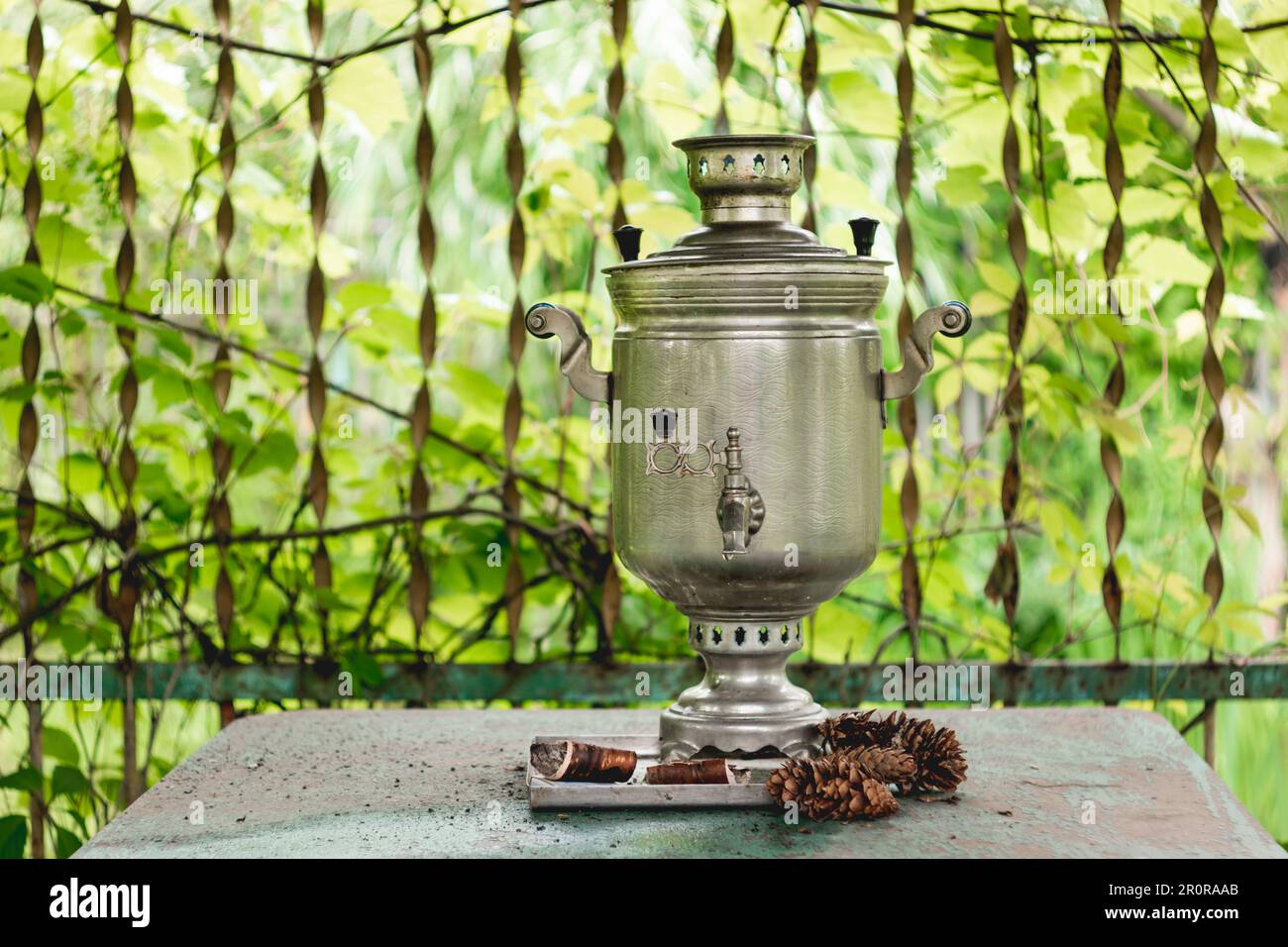 Vintage samovar - old traditional Russian kettle. Metal retro appliance ...