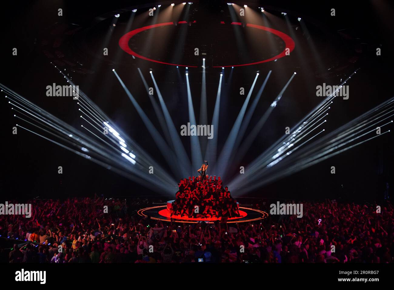 Rita Ora performing at the Eurovision semi-final at the M&S Bank Arena ...