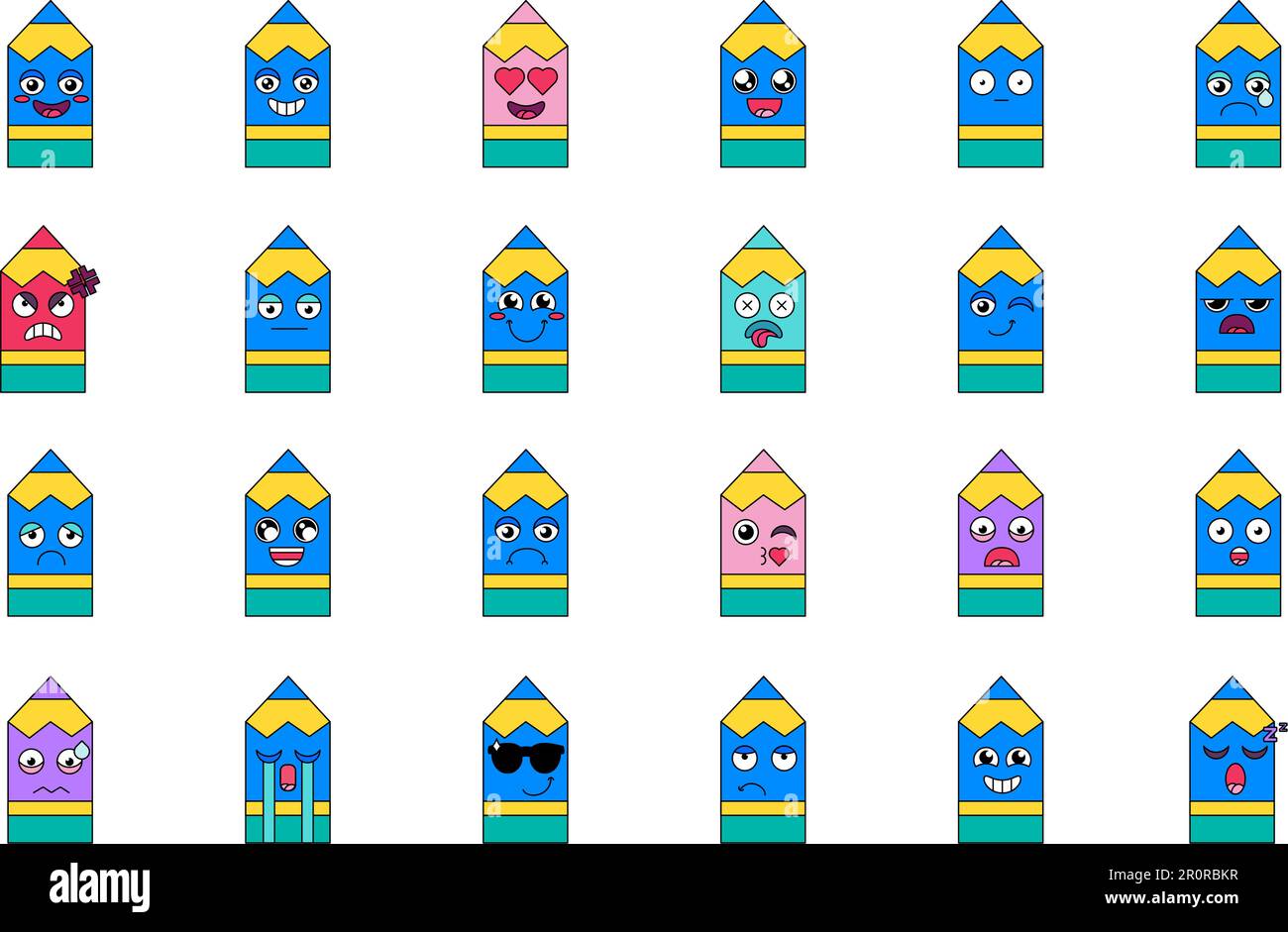 Pencil feelings emoticon set. Happy, mad, sleeping, teary emoji pack ...