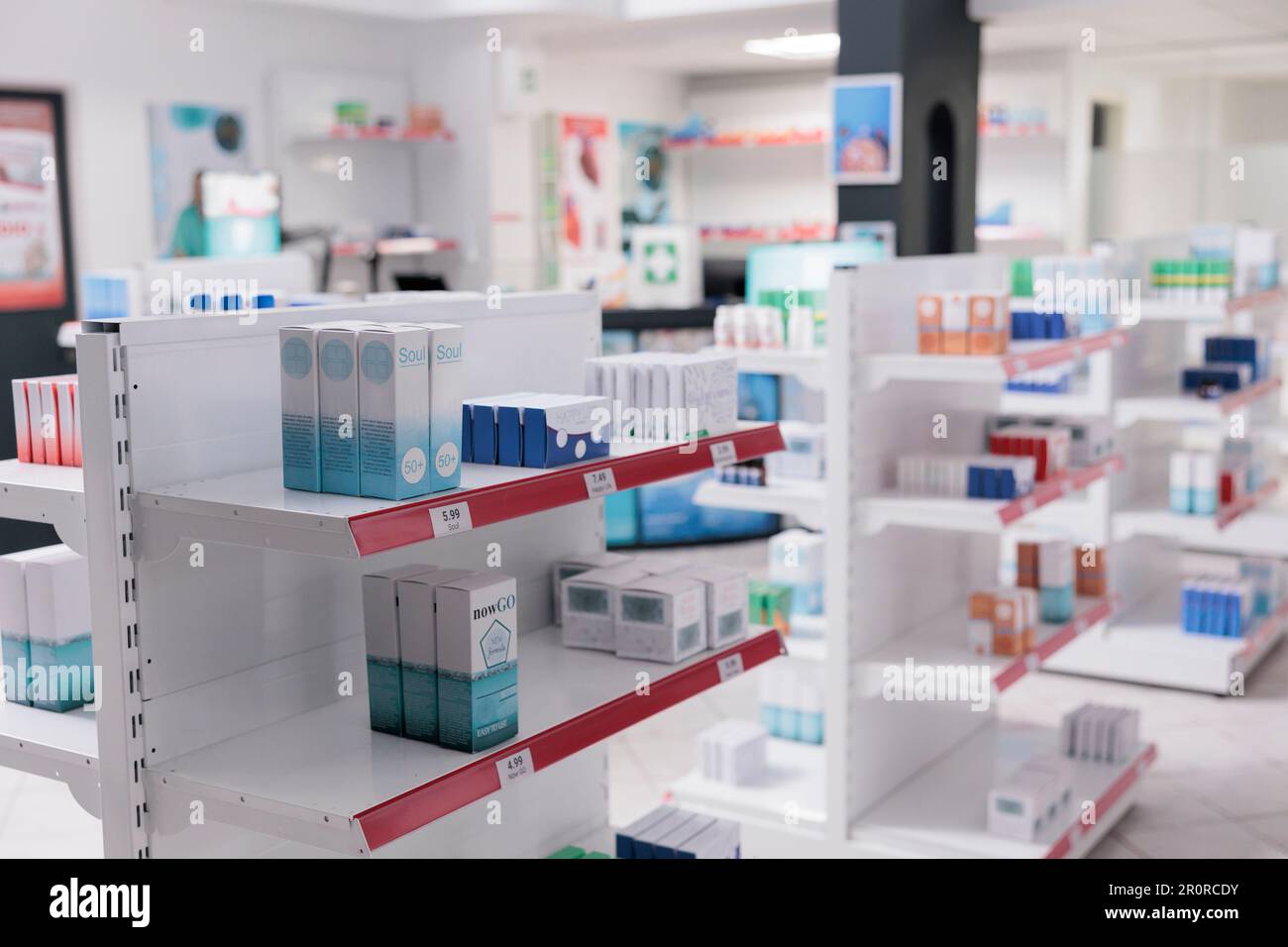 Health drugstore shelves filled with pharmaceutical products and ...