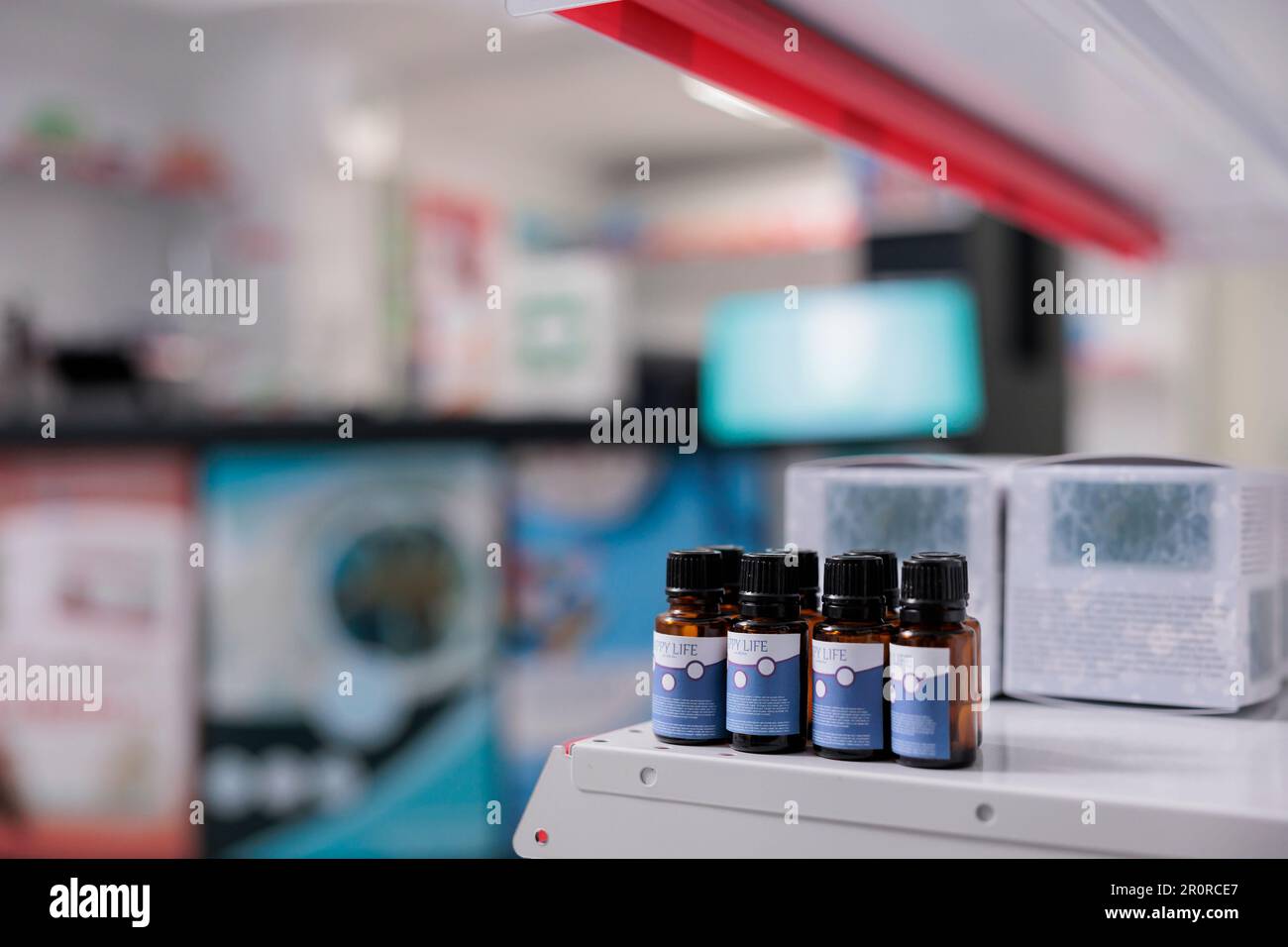 Selective focus of empty drugstore filled with shelves full with ...