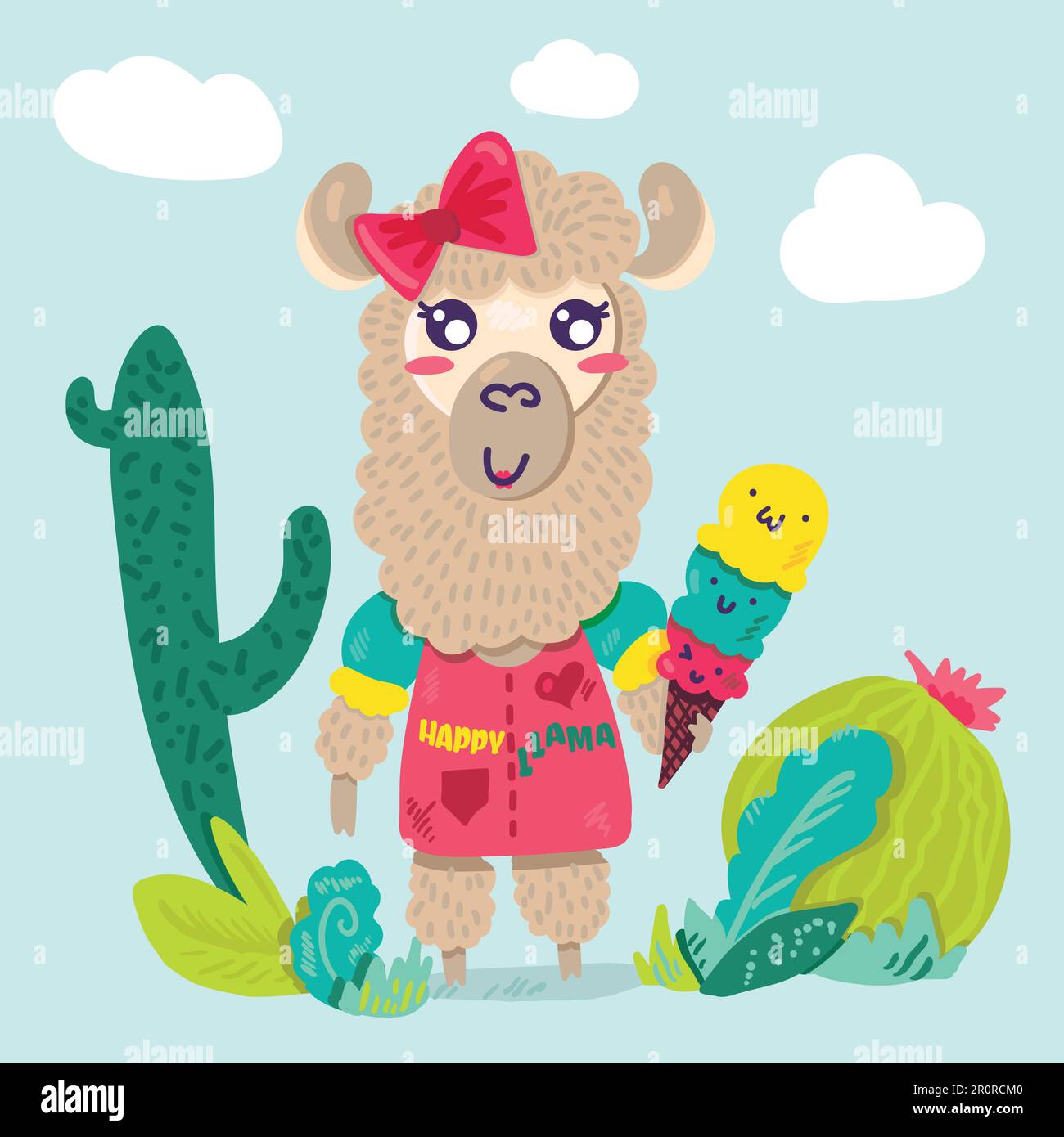 Cute lama girl with ice cream flat cartoon character. Happy llama ...
