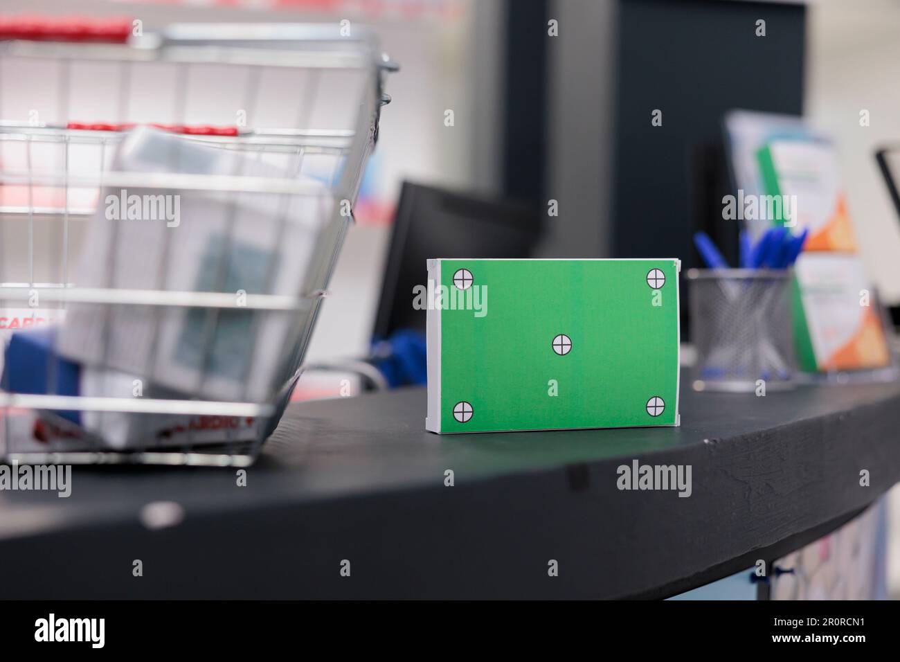Empty drugstore with green screen mock up chroma key packages package ...