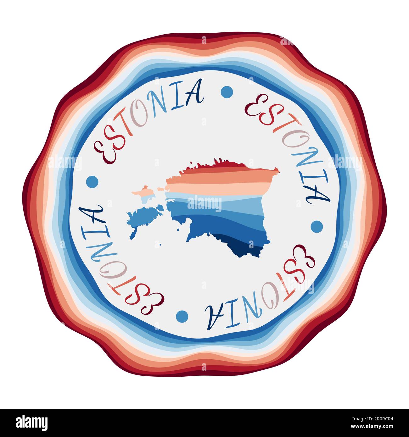 Estonia badge. Map of the country with beautiful geometric waves and vibrant red and blue frame ...