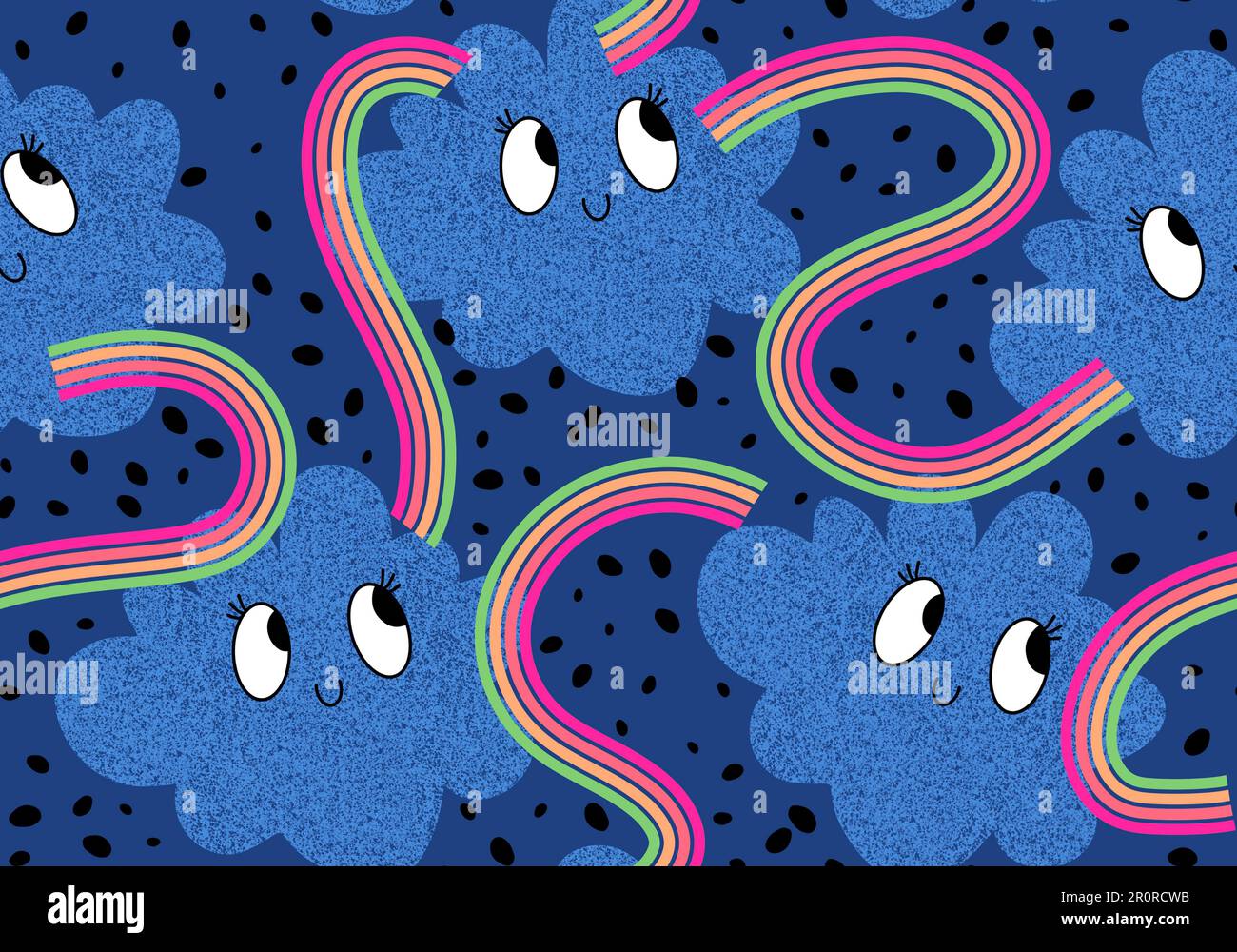 Retro summer cartoon seamless sun and rainbow and clouds pattern for ...