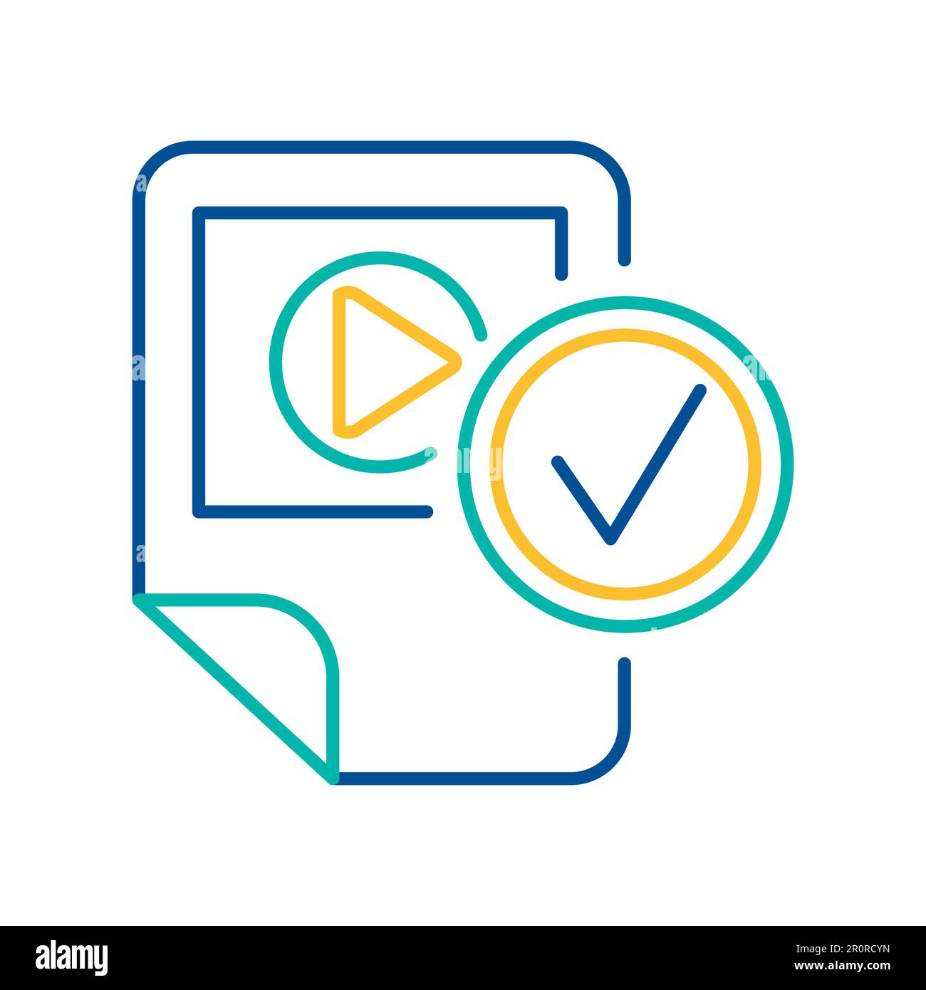 Media player checking blue and yellow linear icon. Video app with tick ...