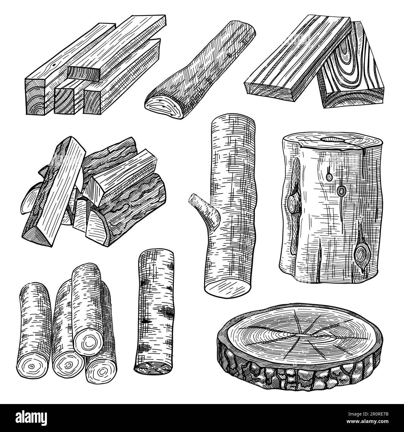 Cut logs, firewood and planks engraved vector illustrations set Stock ...