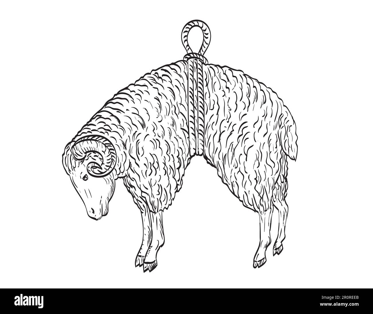 Comics style drawing or illustration of a ram sheep suspended in a rope ...