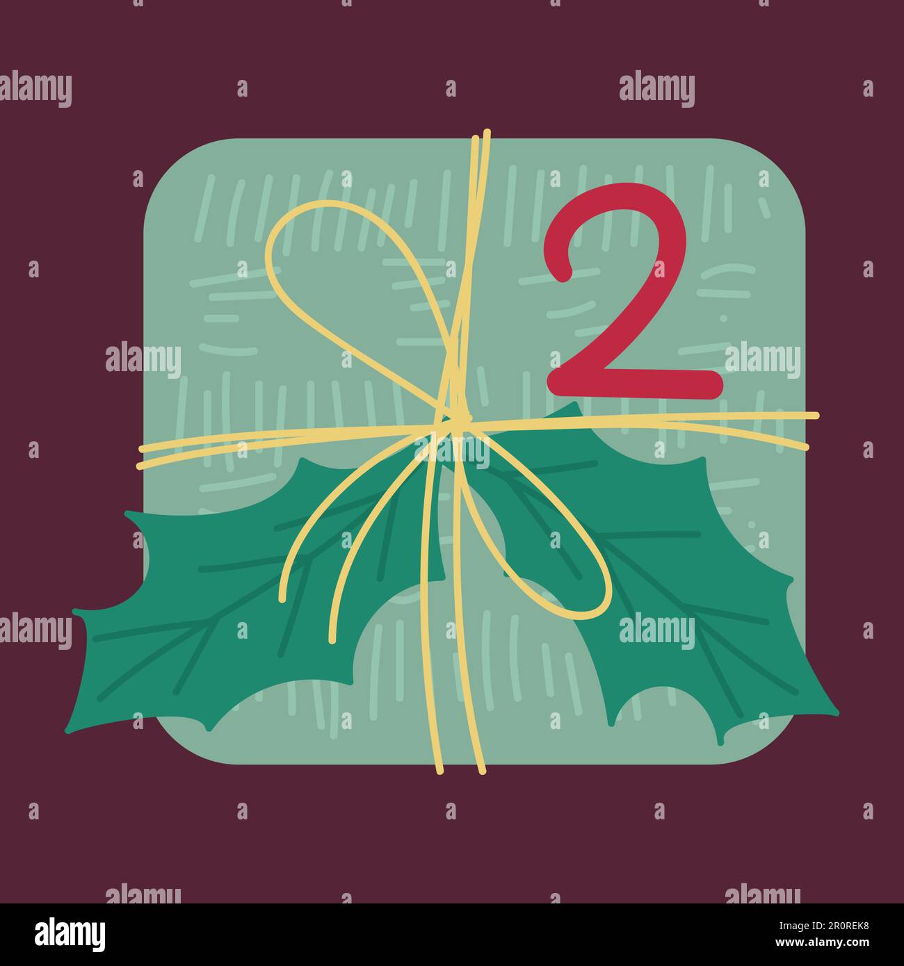 Christmas present top view flat vector illustration. Gift box with ilex ...