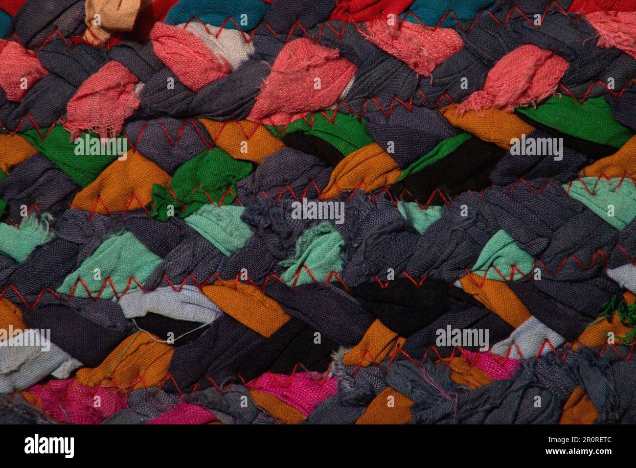 close up handmade recycled fabric rug, colorful rows, rag rug, woven colors, proddy, hooky ...