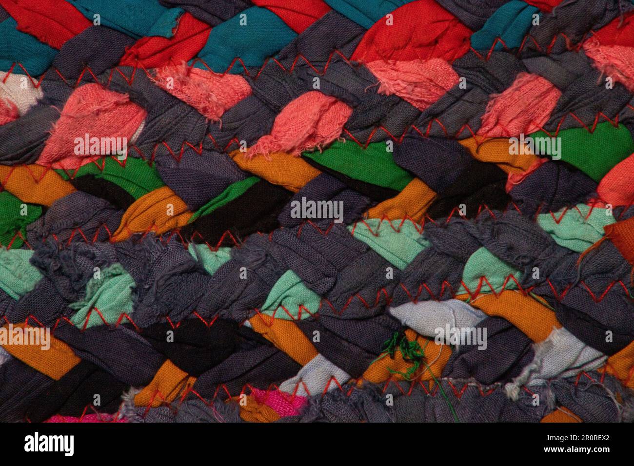 close up handmade recycled fabric rug, colorful rows, rag rug, woven colors, proddy, hooky ...