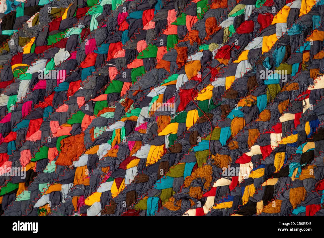 close up handmade recycled fabric rug, colorful rows, rag rug, woven colors, proddy, hooky ...