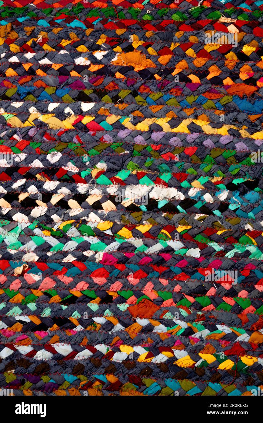 close up handmade recycled fabric rug, colorful rows, rag rug, woven ...