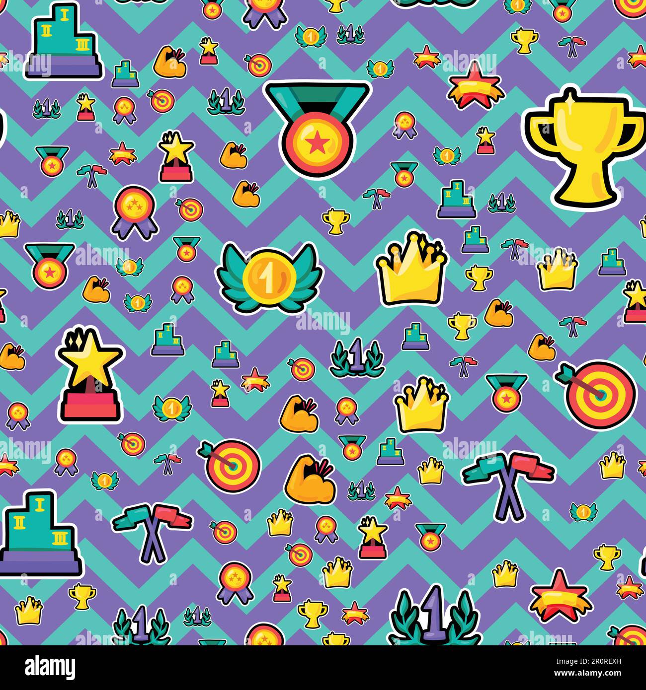 Awards seamless color vector zigzag pattern. Medals, trophies, rewards ...