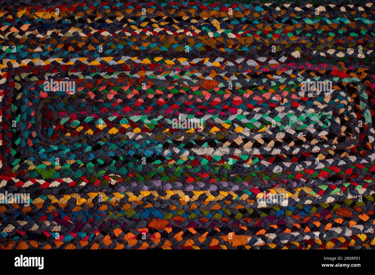 close up handmade recycled fabric rug, colorful rows, rag rug, woven colors, proddy, hooky ...