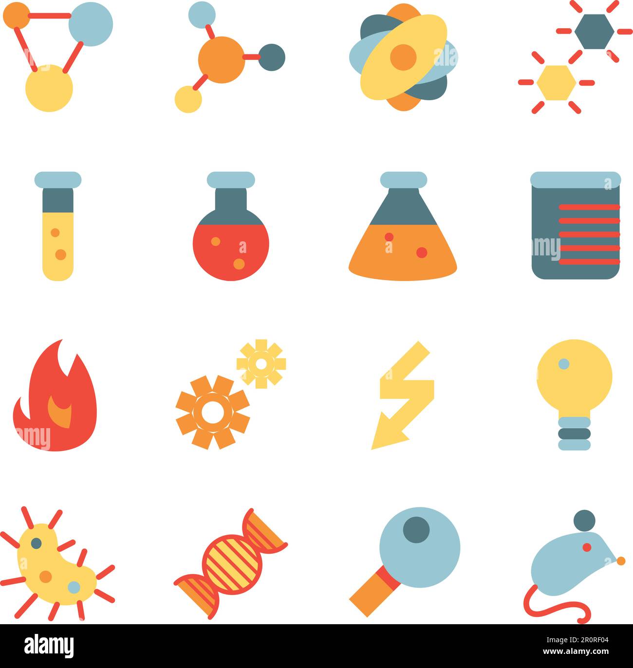 Science research flat icon set. Scientific study vector cartoon symbol ...