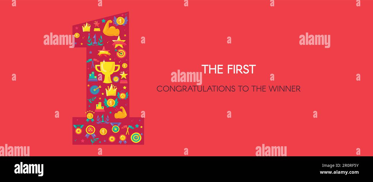 Leader, champion celebration vector banner. Number one shape with sport ...