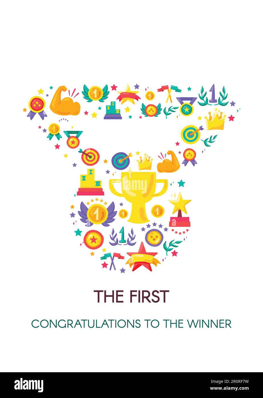 Winner celebration cartoon poster. Metal silhouette with flat icons ...