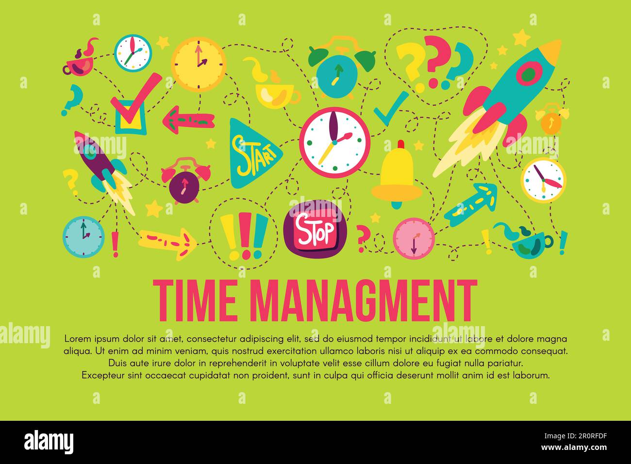 Time management stickers set set. Cartoon illustrations. Dash line ...