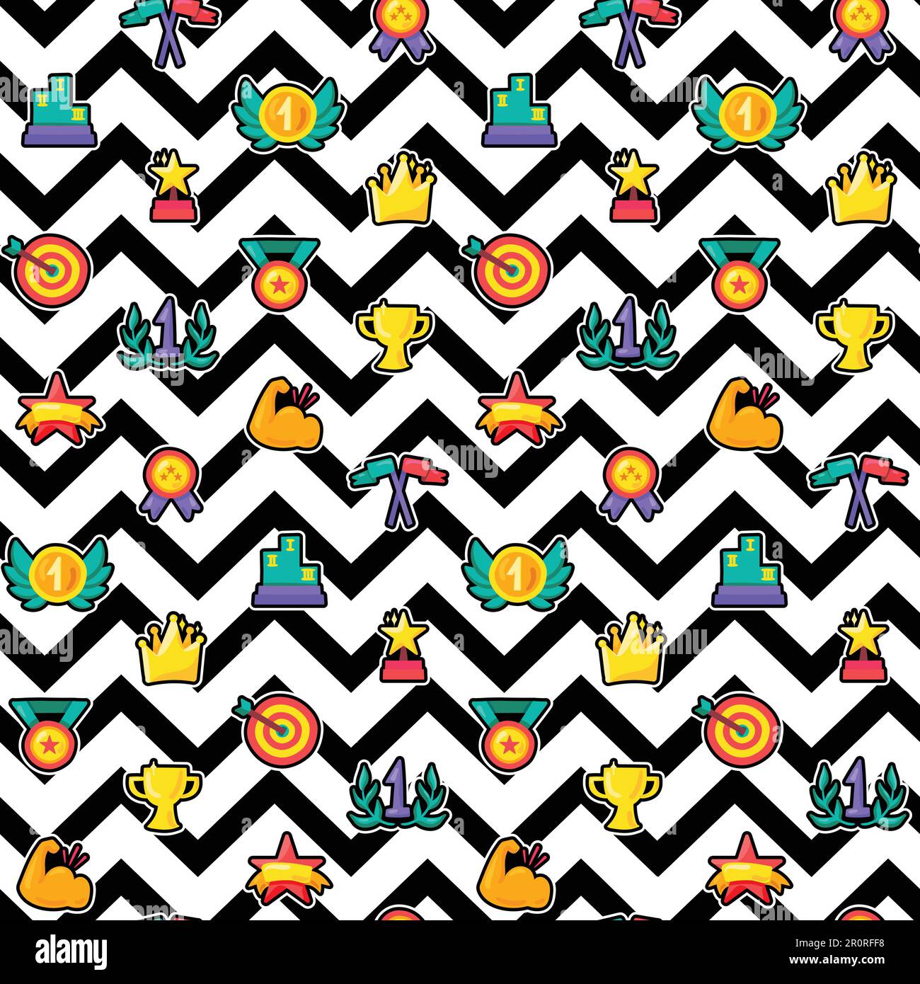 Awards color seamless vector pattern. Trophies, prizes, medals stickers ...