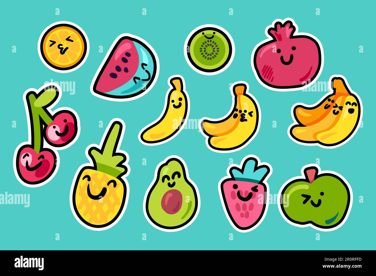 Tropical fruits cartoon kawaii pack. Smiling fruits vector illustration ...