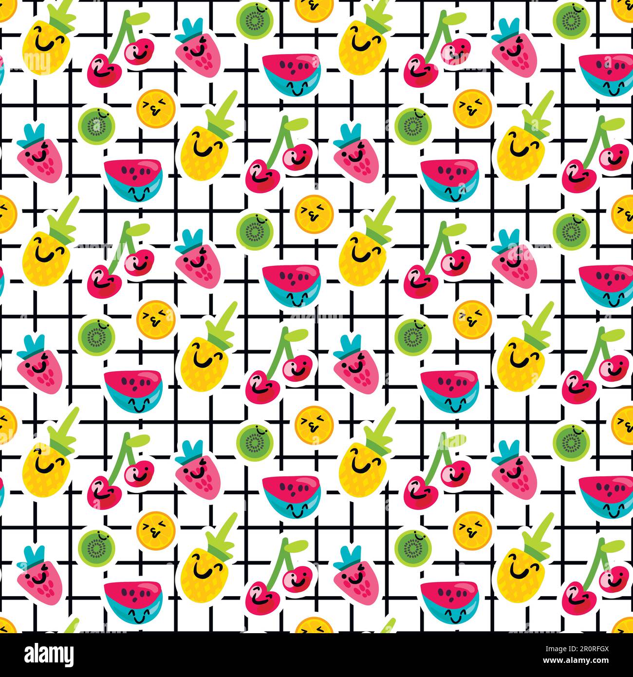 Color fruits seamless vector pattern. Doodle pineapple, kiwi, cherry ...