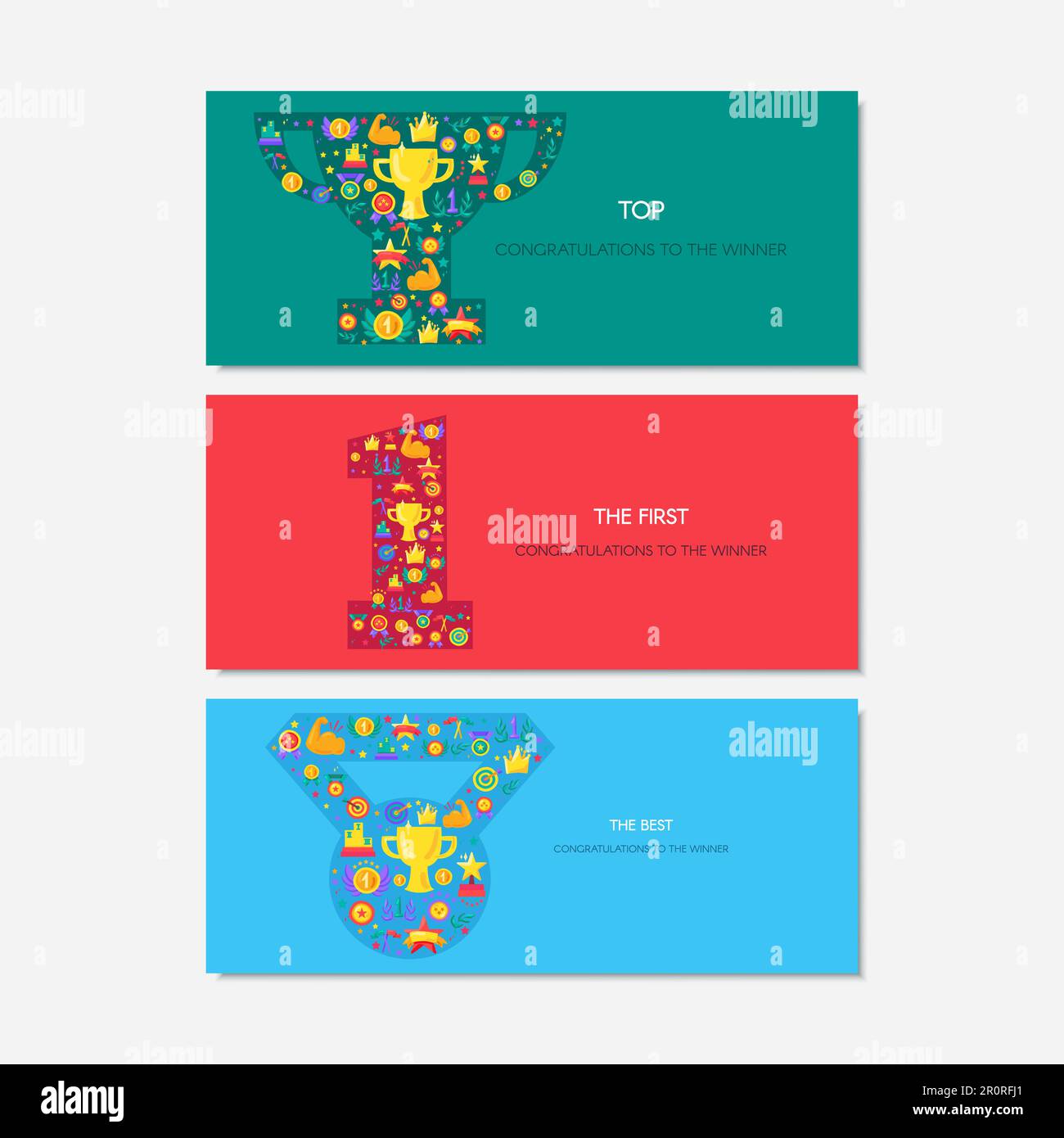 Winner celebration vector banners set. Green, red and blue backgrounds ...