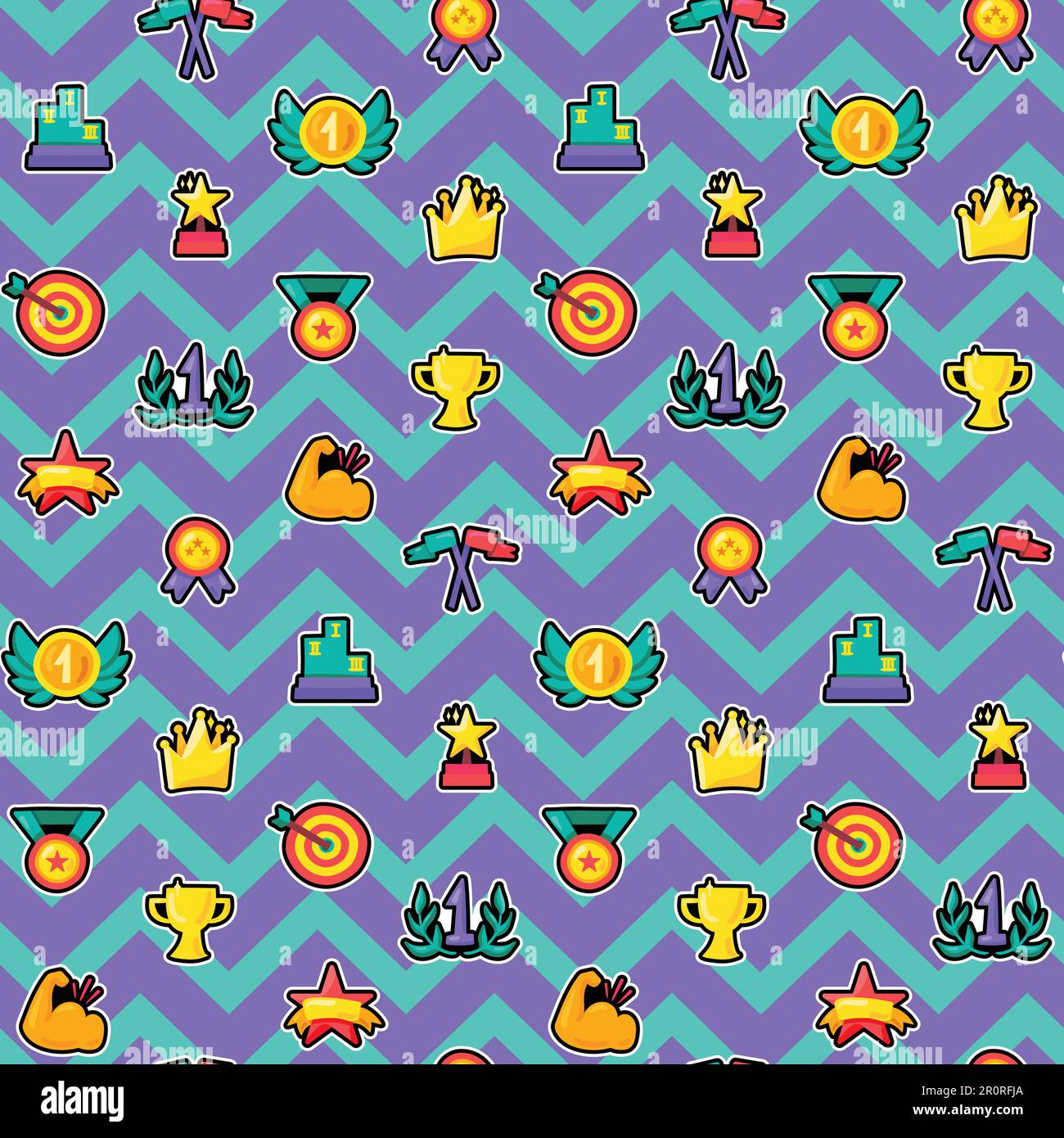 Color awards seamless vector pattern. Trophies, medals, prizes stickers ...