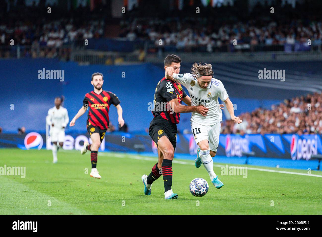 Madrid, Spain. 09th May, 2023. Luka Modric (Real Madrid) and Rodri ...