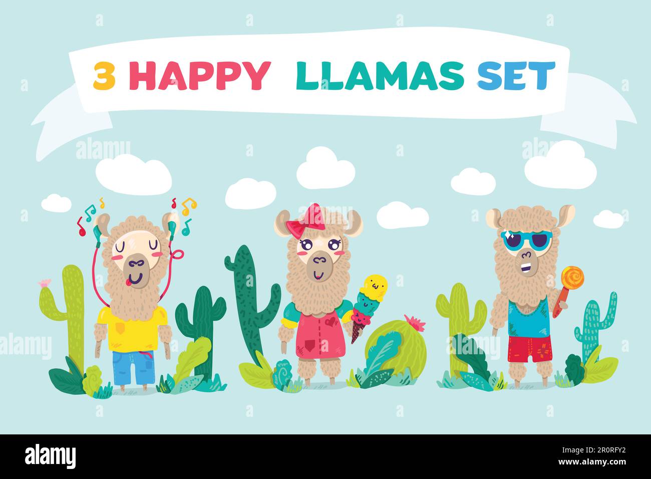 Happy llamas cartoon characters set. Alpacas with earphones, ice cream, lollipop flat drawings ...