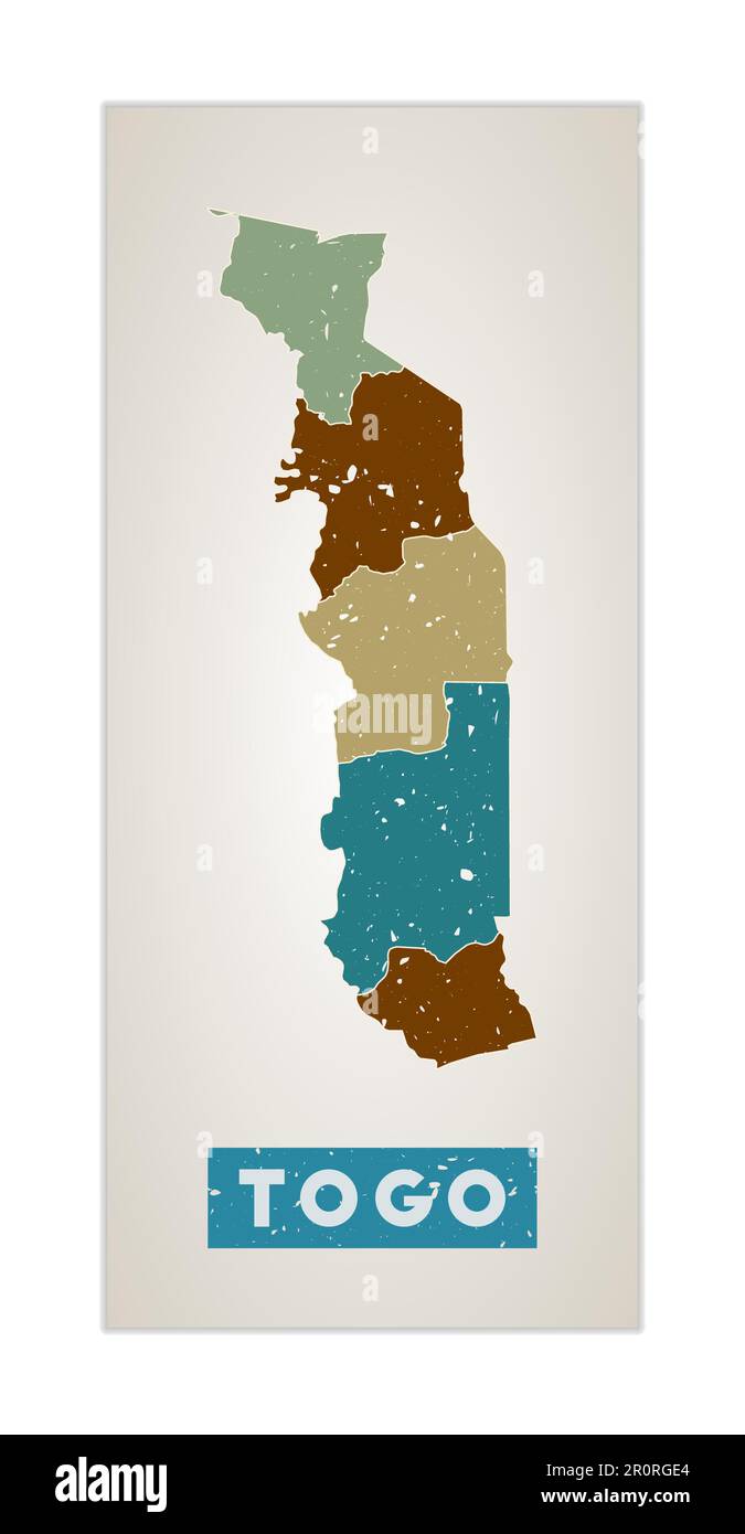 Togo map. Country poster with regions. Old grunge texture. Shape of ...