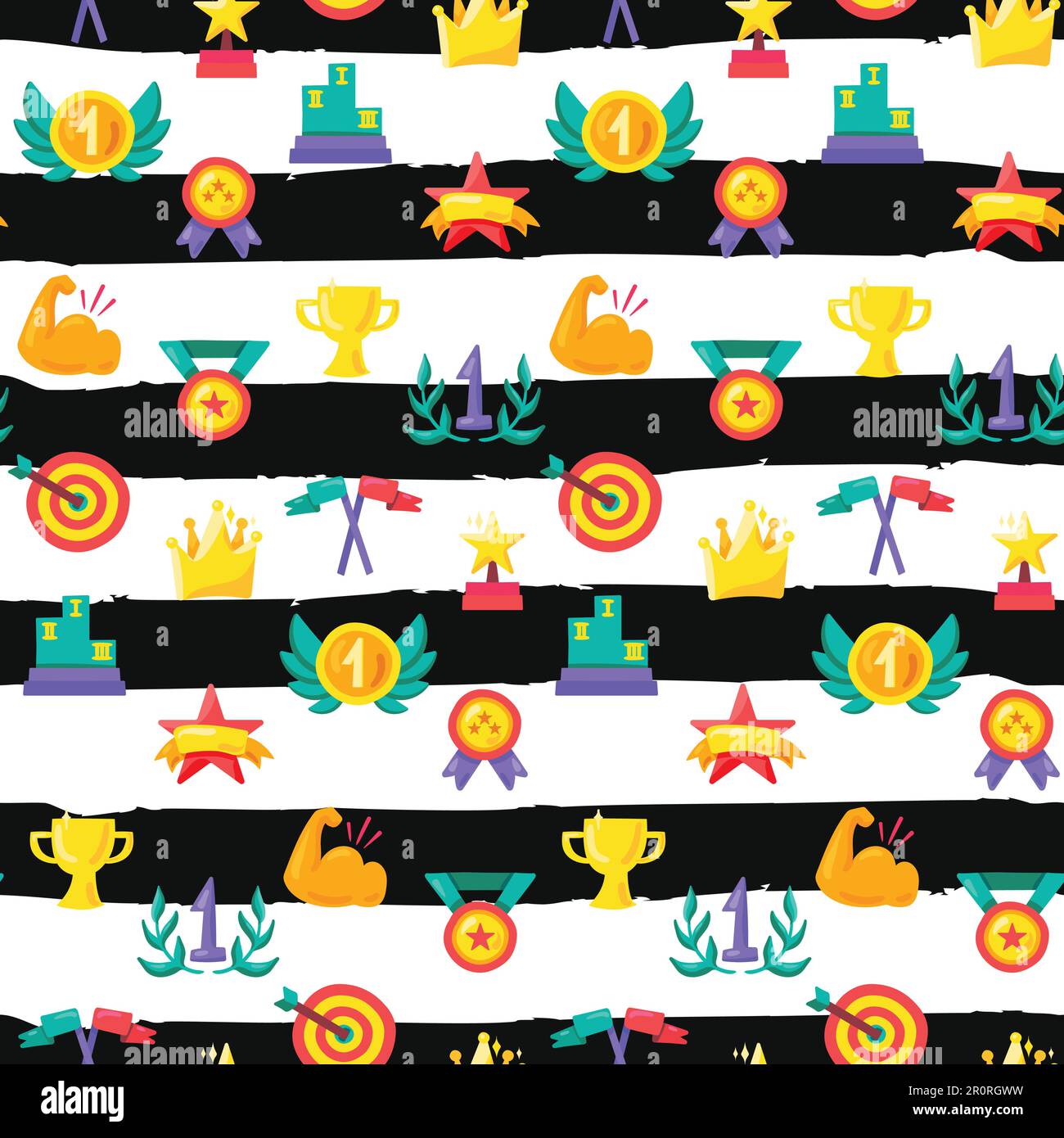Color awards seamless vector pattern. Winner trophies, medals, prizes ...