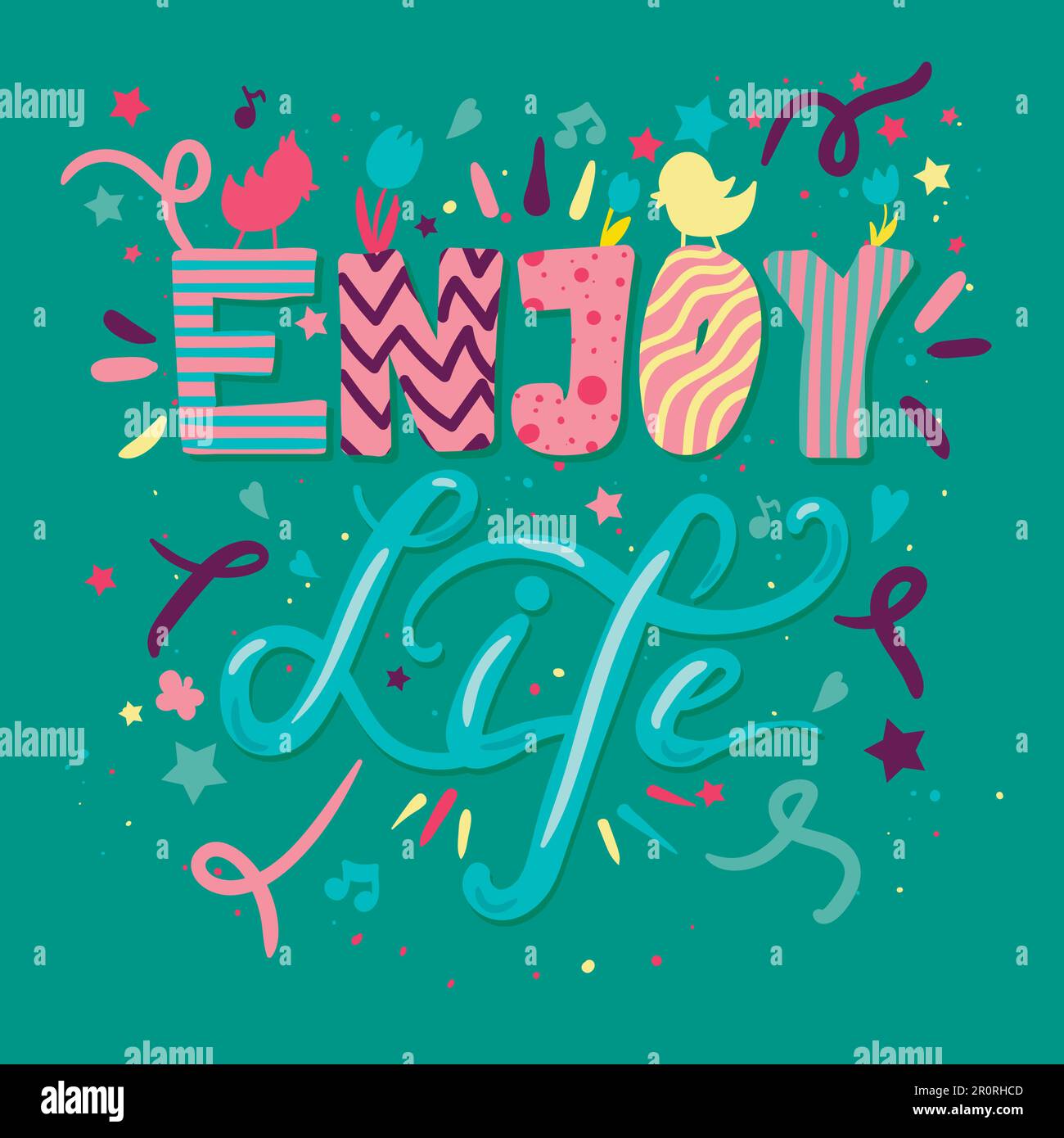 Motivational hand drawn color illustration. Enjoy life lettering ...