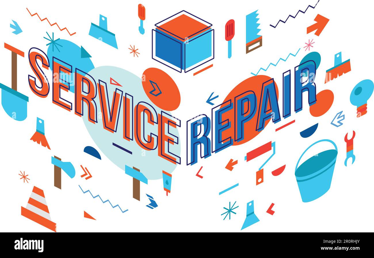 Service repair flat banner design. Hand drawn contour lettering. Two ...