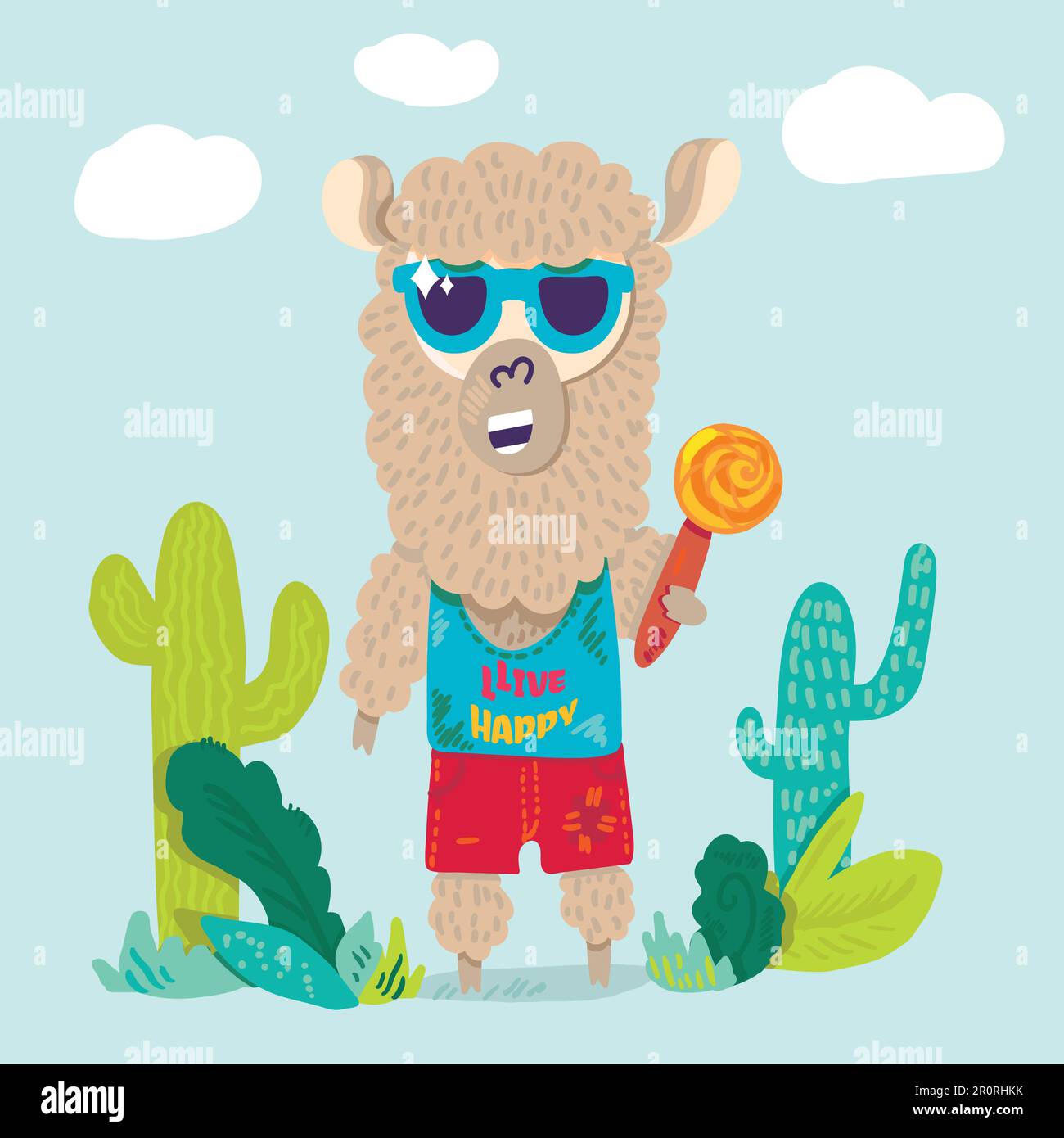 Cool llama in sunglasses flat cartoon character. Live happy lettering ...