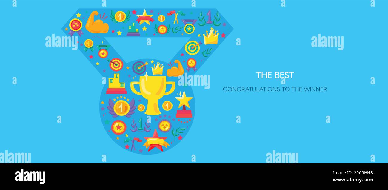 Victory, win vector flat banner. Medal shape with hand drawn sport ...