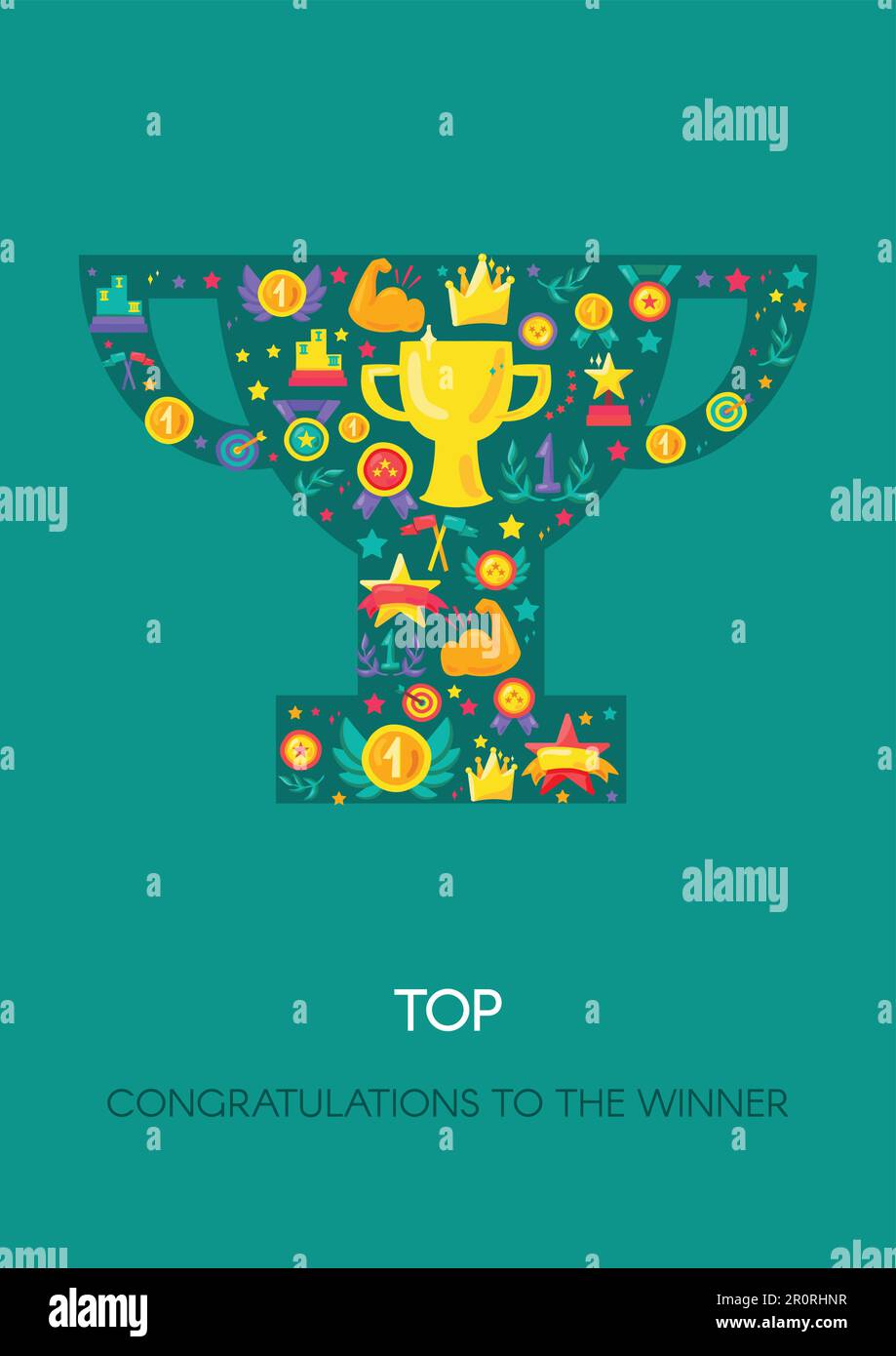 Sport success, triumph cartoon poster. Goblet shape with flat icons ...