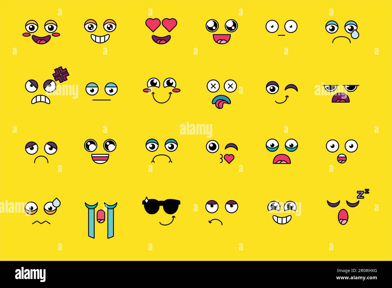 Funny, cute emoji sticker set. Yellow emoticon, social media cartoon ...