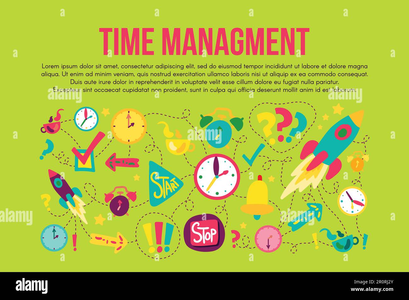 Time management stickers set set. Cartoon illustrations. Dash line ...