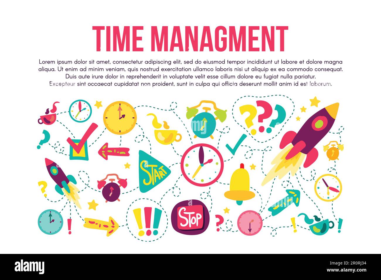 Time management stickers set set. Cartoon illustrations. Dash line ...